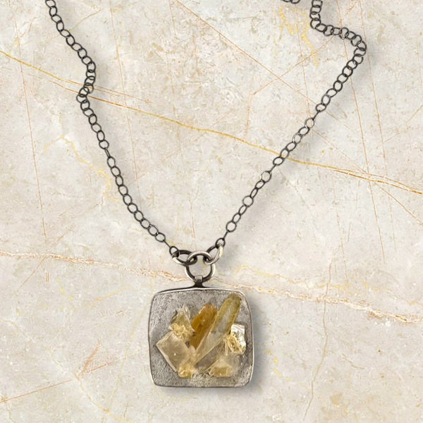 Fine chain necklace square bezel with lemon quartz embedded in grout ...